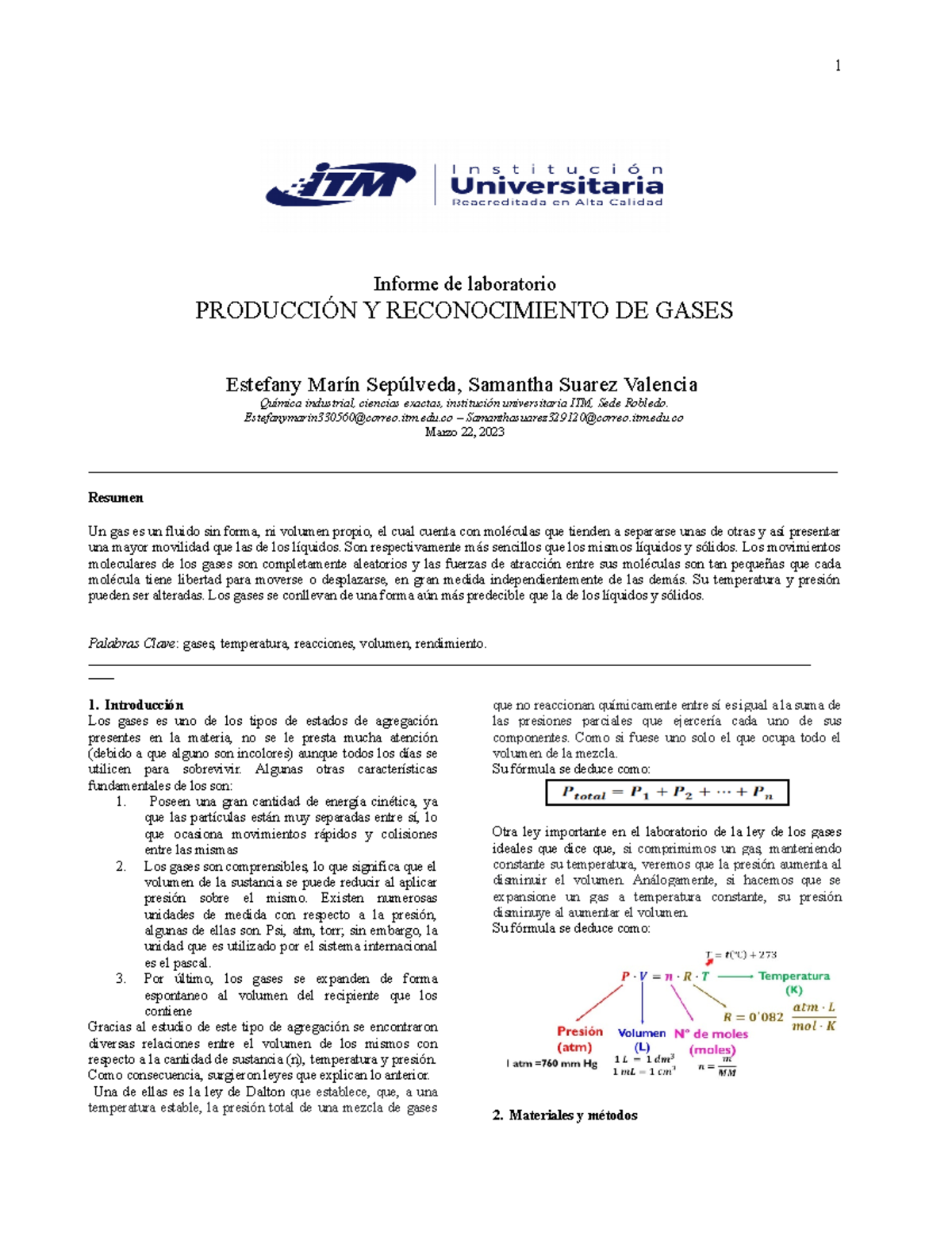 Generacion de gases - Informe de laboratorio PRODUCCIÓN Y ...