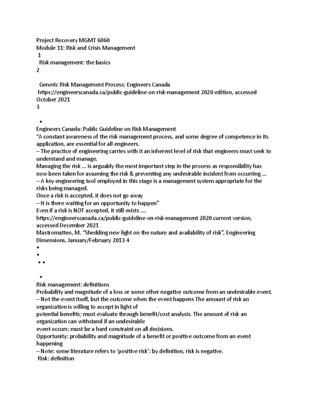 11 - Risk and Crisis Management - Project Recovery MGMT 6060 Module 11 ...