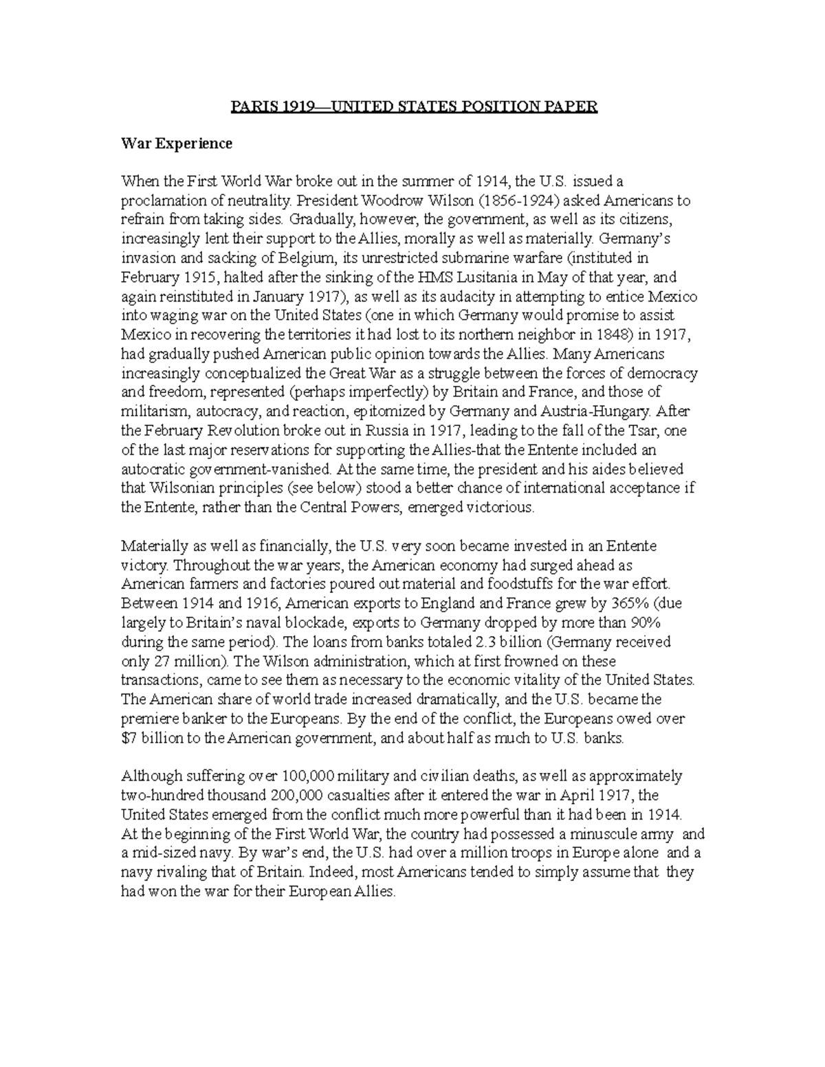 Paris 1919-US Position Paper - PARIS 1919—UNITED STATES POSITION PAPER ...
