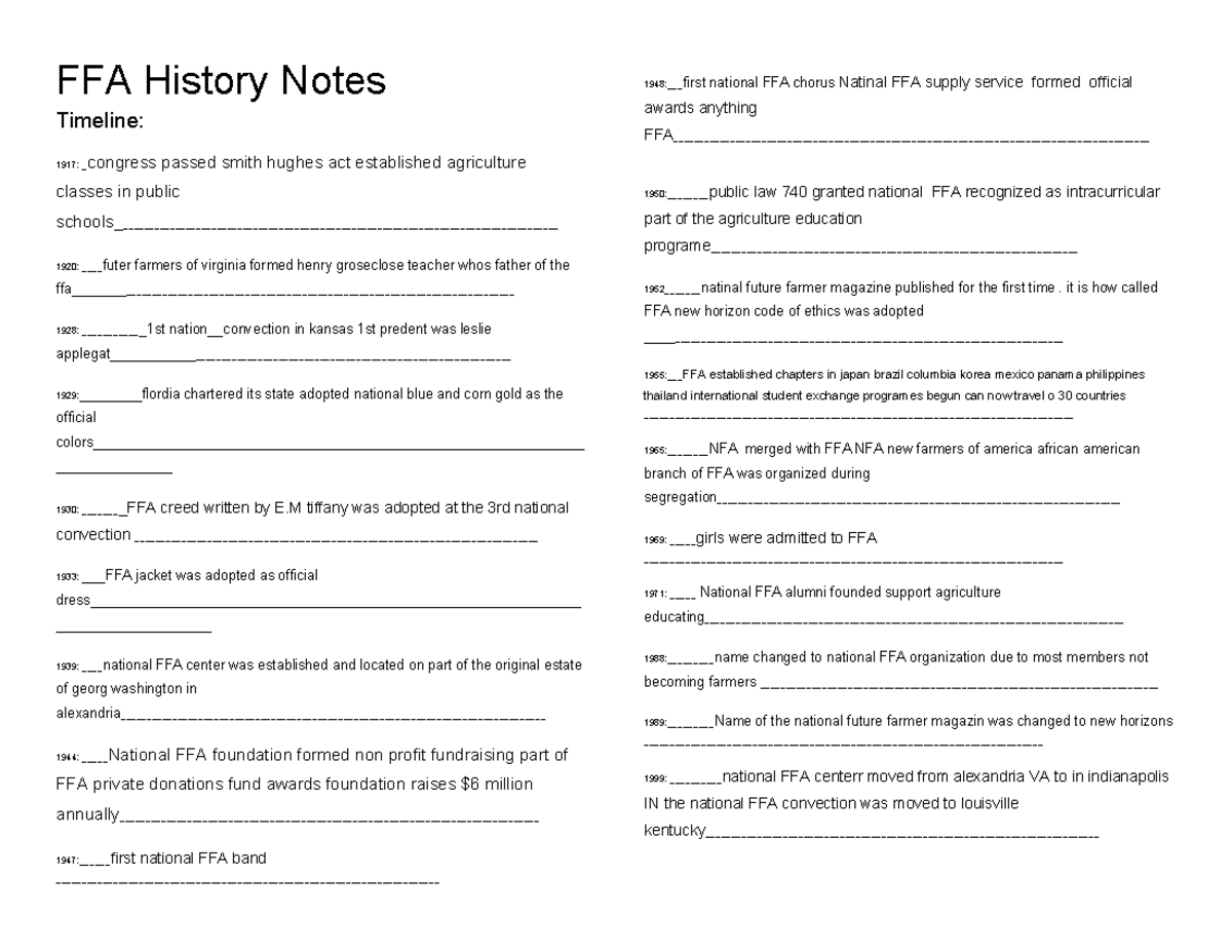 2023 FFA History Notes Hoaglund-2 - FFA History Notes Timeline: 1917 ...