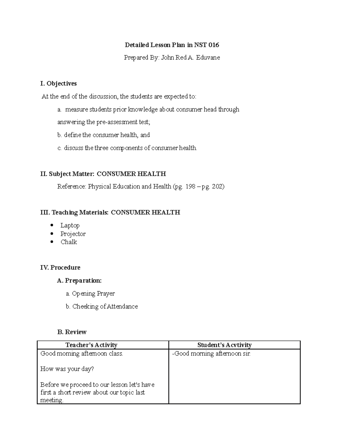 Lesson Plan NST 016 - activity - Detailed Lesson Plan in NST 016 ...