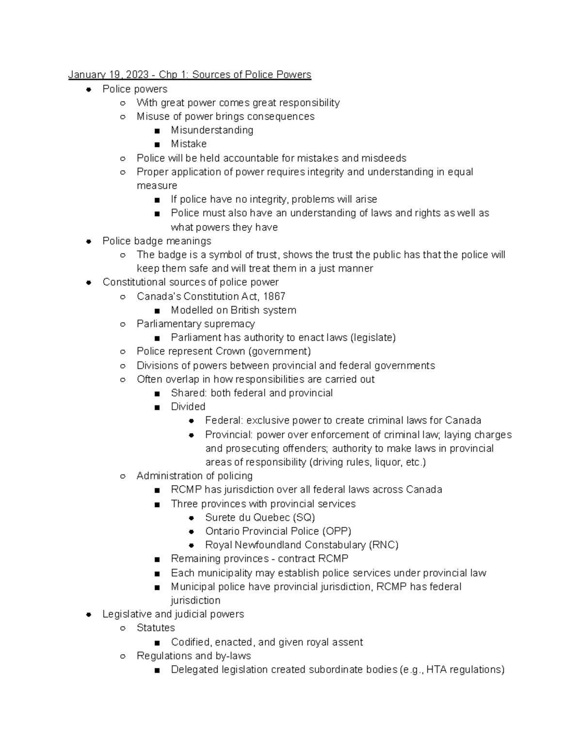 Police powers summary notes - January 19, 2023 - Chp 1: Sources of ...