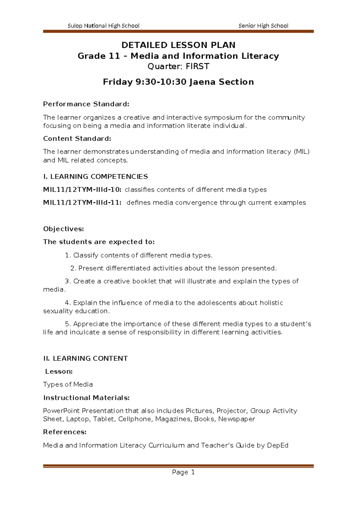 MIL Lesson PLAN SEMI Detailed Types of MEdia - DETAILED LESSON PLAN ...