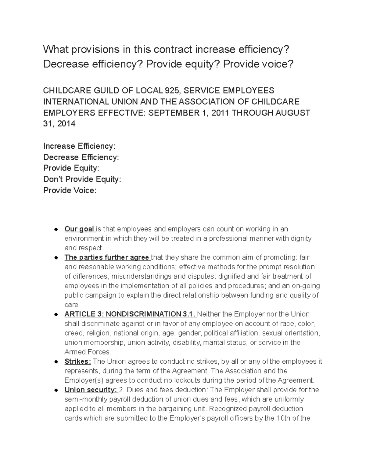 Labor unions Mini case study- August 27th - What provisions in this ...