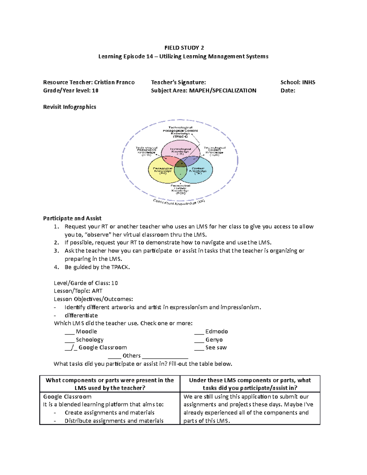 LE 14 - KING - FIELD STUDY 2 Learning Episode 14 – Utilizing Learning ...