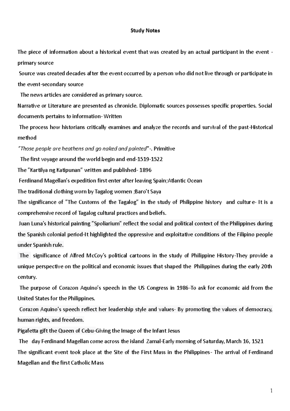Study Notes for RPH - Study Notes The piece of information about a historical event that was ...