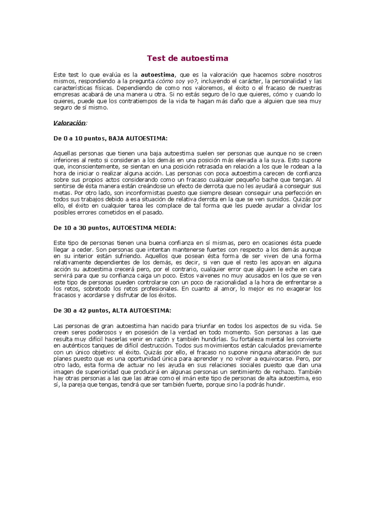 Correccion Test de autoestima - Test de autoestima Este test lo que ...