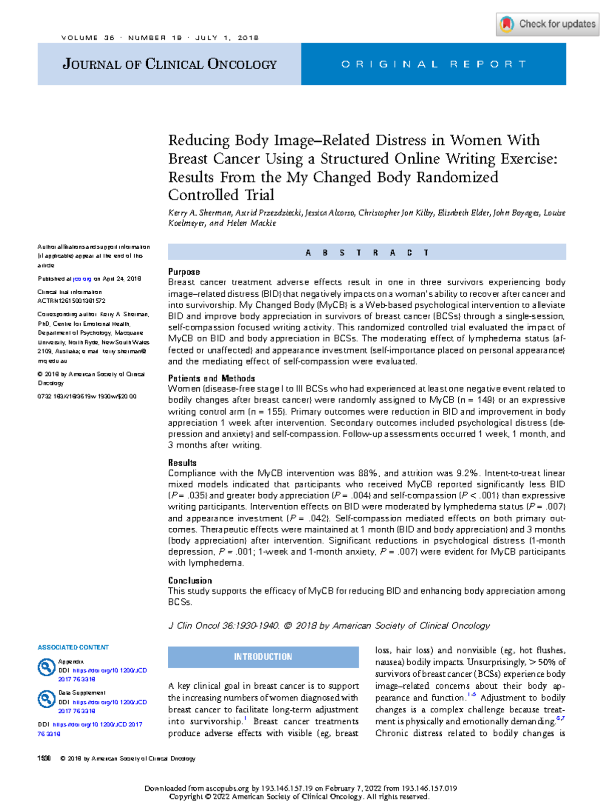 Writing Sherman-2018-Reducing-body-imagerelated-distress - JOURNAL OF C ...