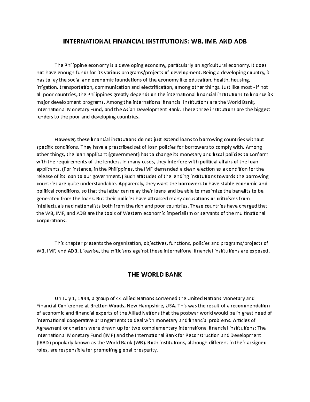 International Financial Institutions - WB, IMF AND ADB - INTERNATIONAL FINANCIAL INSTITUTIONS ...