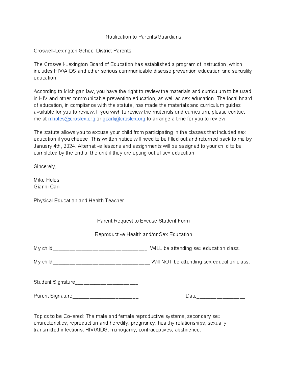 Notification to Parents Guardians - Notification to Parents/Guardians ...