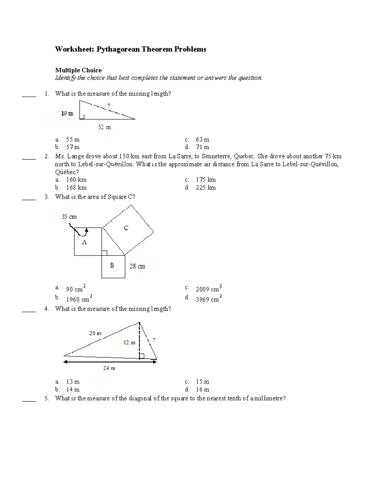 Pythagorean theorem 12 - Worksheet: Pythagorean Theorem Problems ...