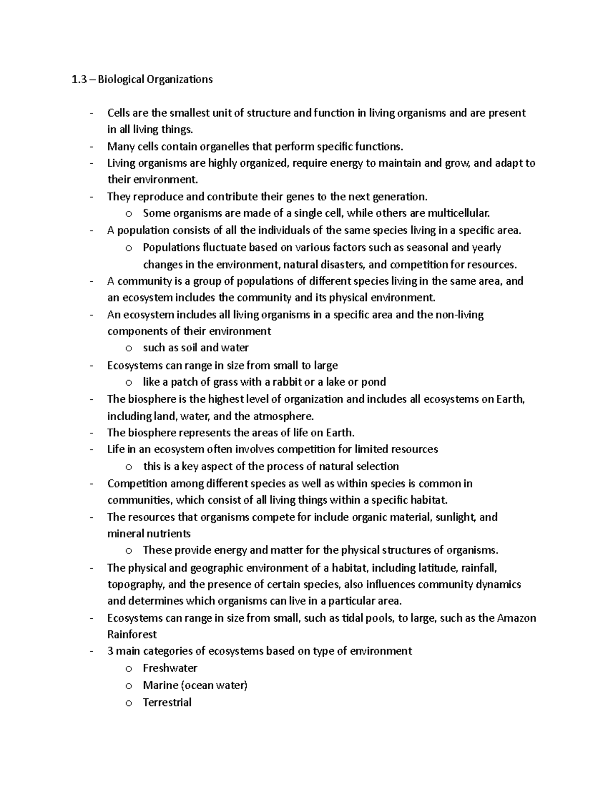 Intro to Env Sci - 1 – Biological Organizations Cells are the smallest unit of structure and ...