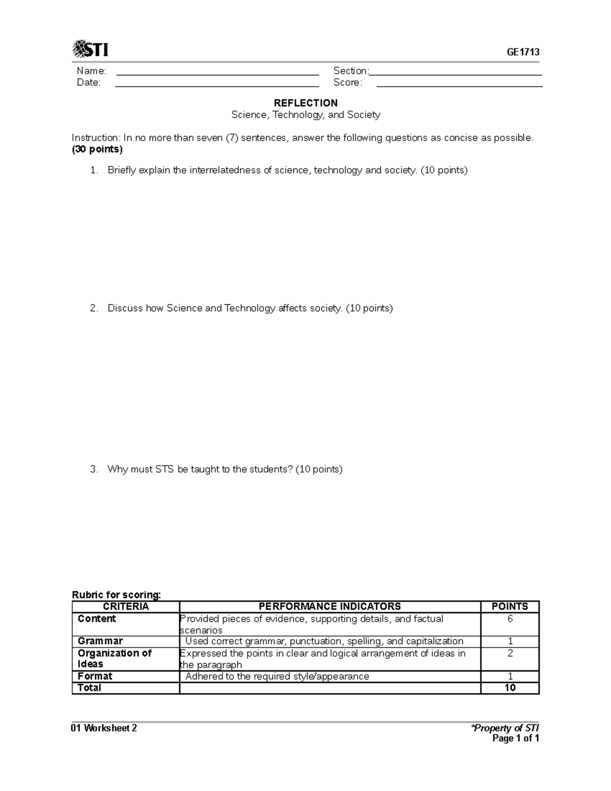 01 Worksheet 24 - about BSHM department - GE Name: Section: Date: Score ...