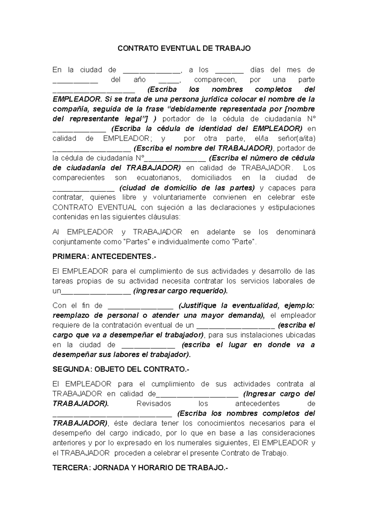 Contrato Eventual DE Trabajo - CONTRATO EVENTUAL DE TRABAJO En la ...