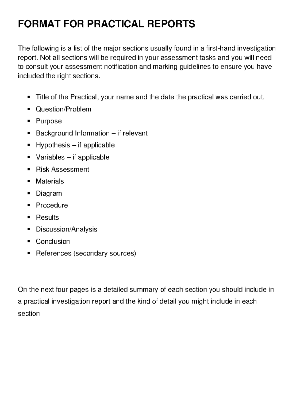 Format for Practical Reports - FORMAT FOR PRACTICAL REPORTS The following is a list of the major ...