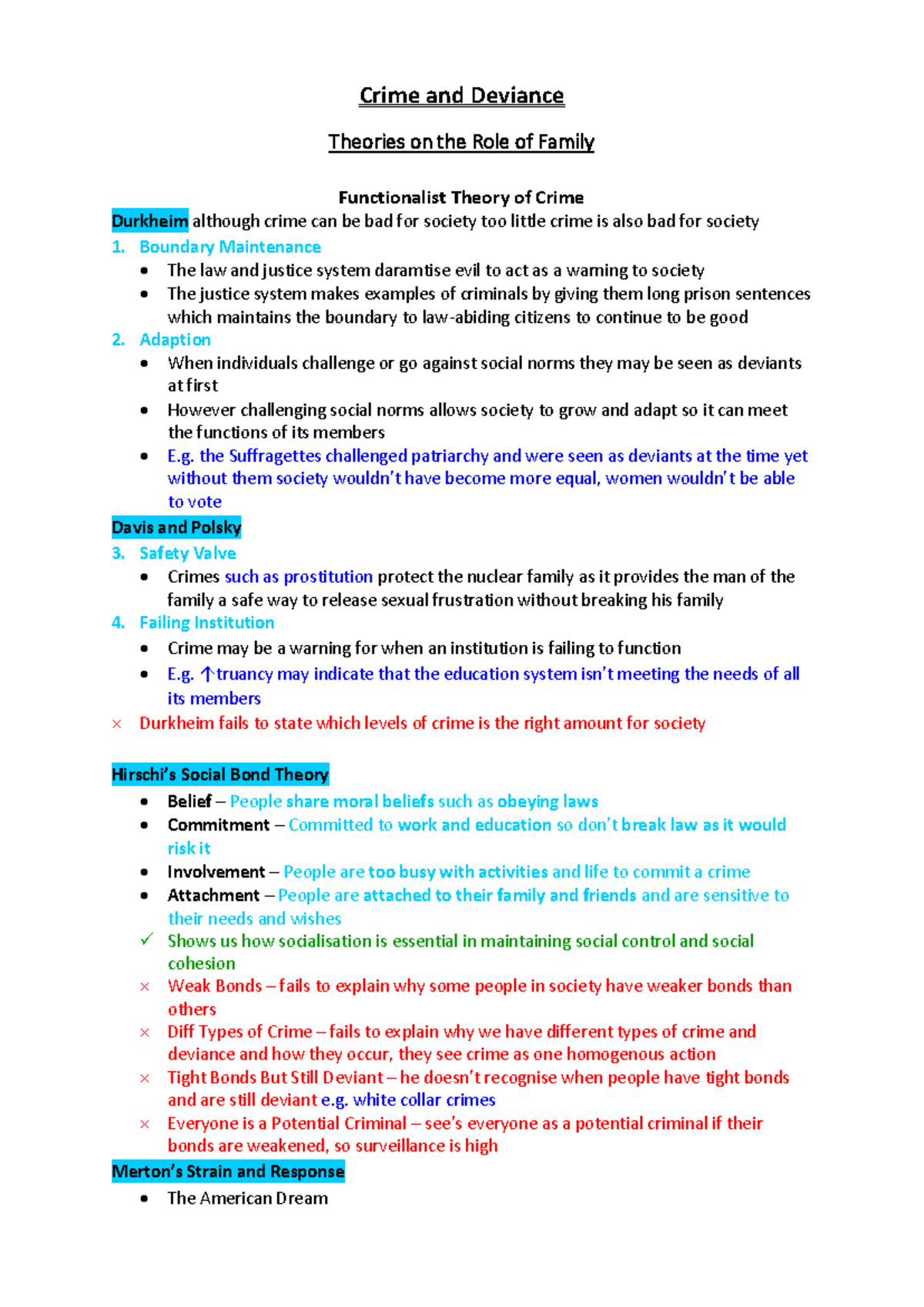 Crime and Deviance - Notes - Crime and Deviance Theories on the Role of ...