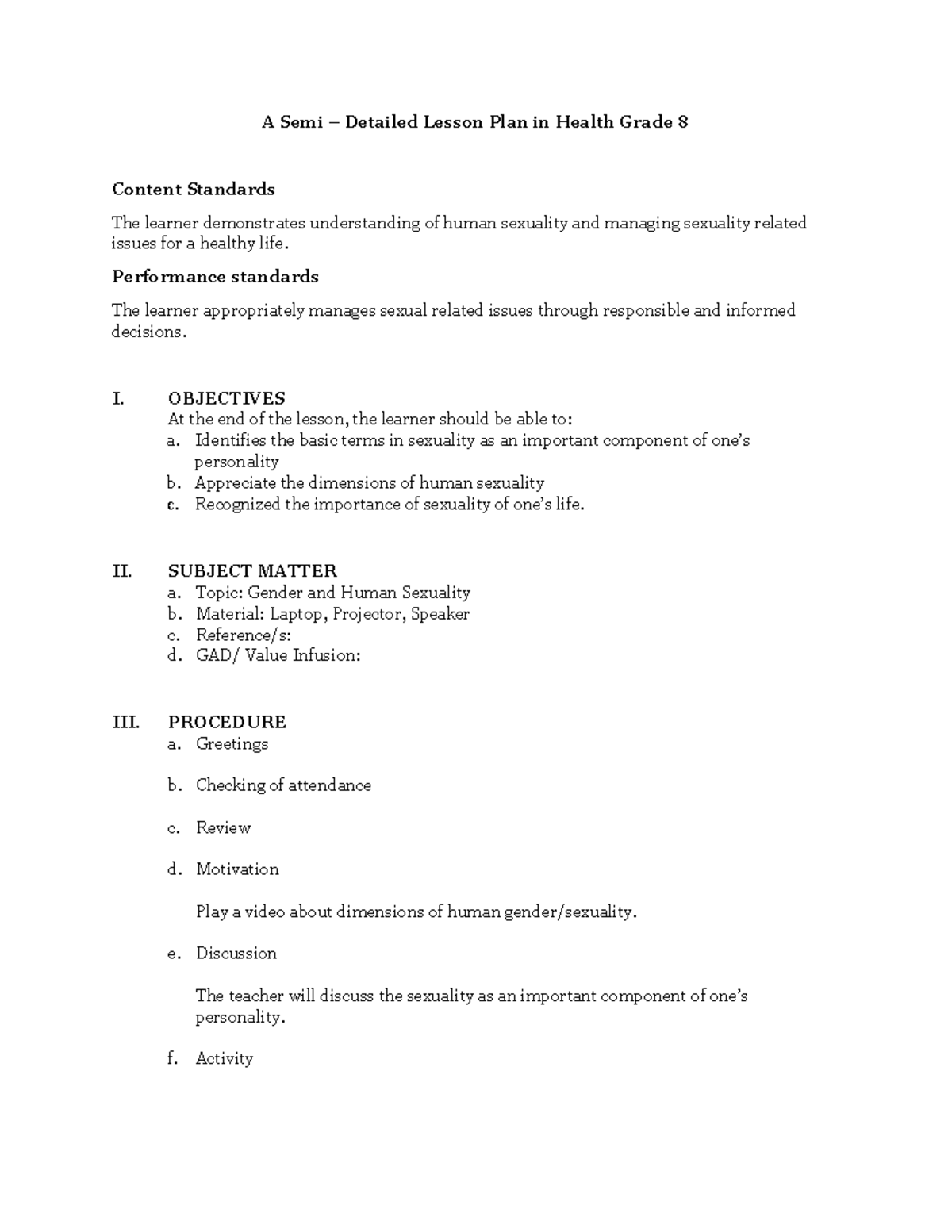 Semi Lesson Plan For Grade 8 A Semi Detailed Lesson Plan In Health