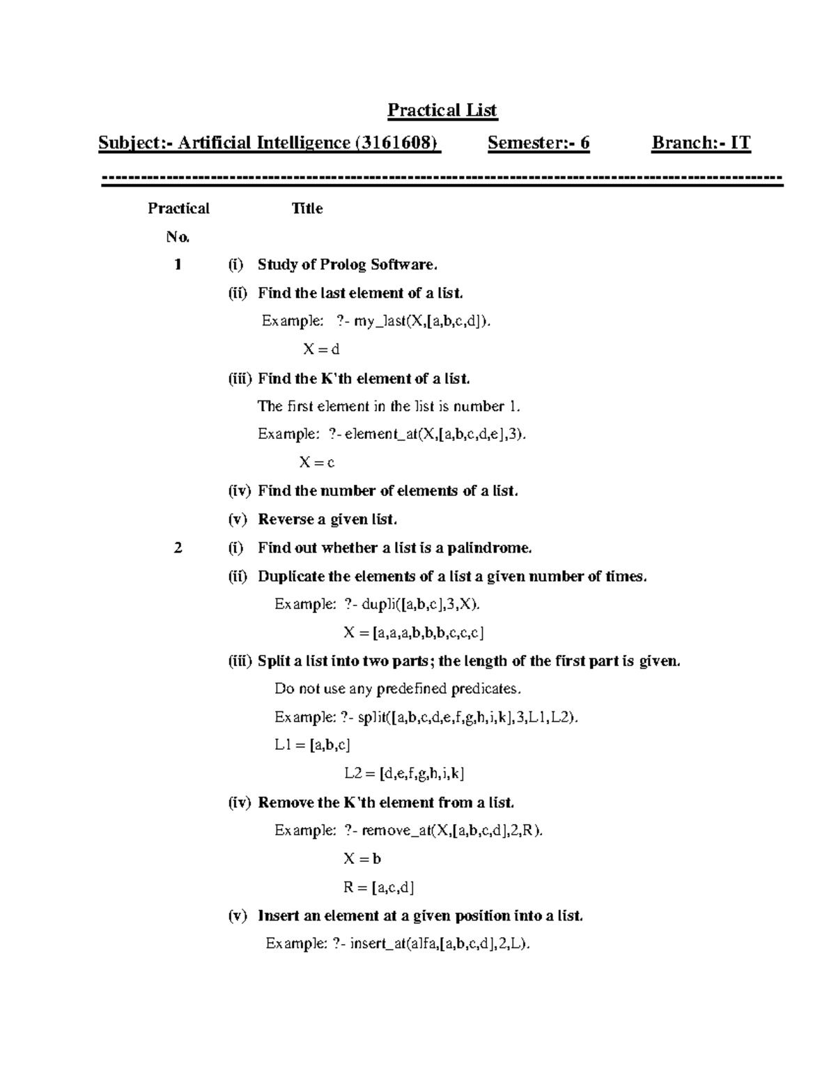AI Practical List 6th Sem - Practical List Subject:- Artificial Intelligence (3161608) Semester ...