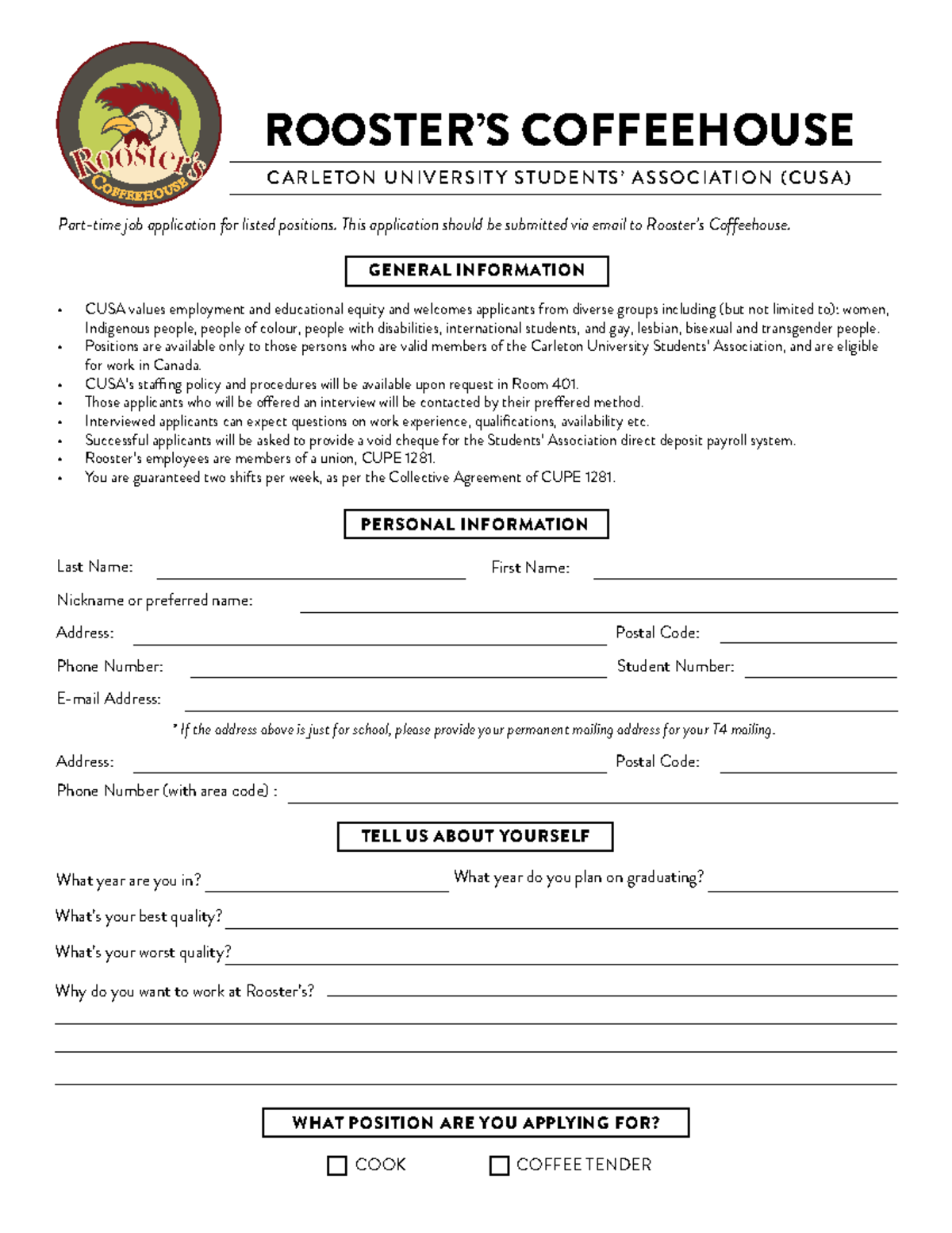 Roosters General Application 19 Form - Part-time job application for ...