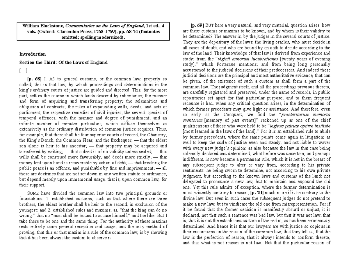 Blackstone - , 4 vols. (Oxford: Clarendon Press, 1765-1769), pp. 68-74 ...