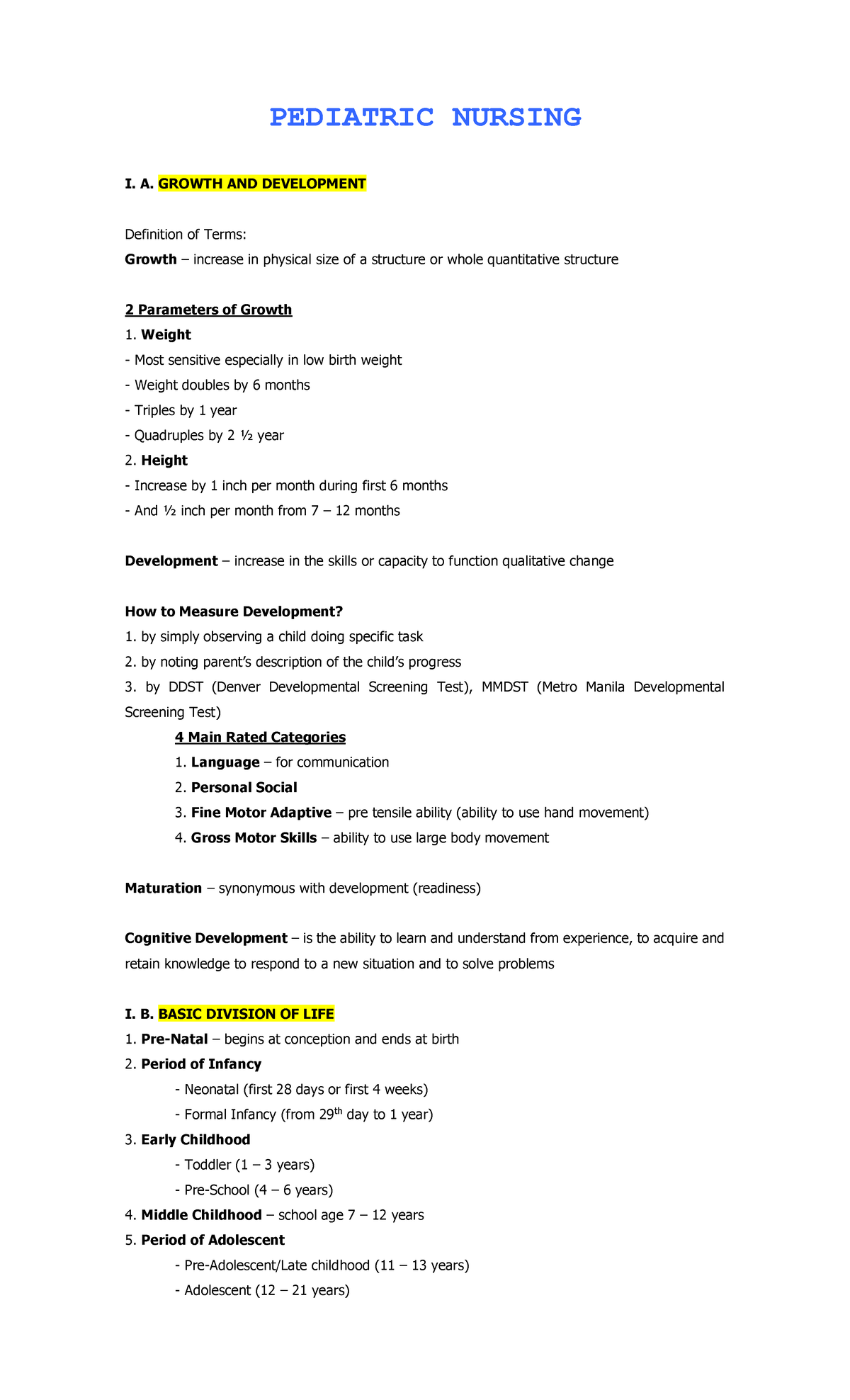 Pedia Notes - PEDIATRIC NURSING I. A. GROWTH AND DEVELOPMENT Definition ...