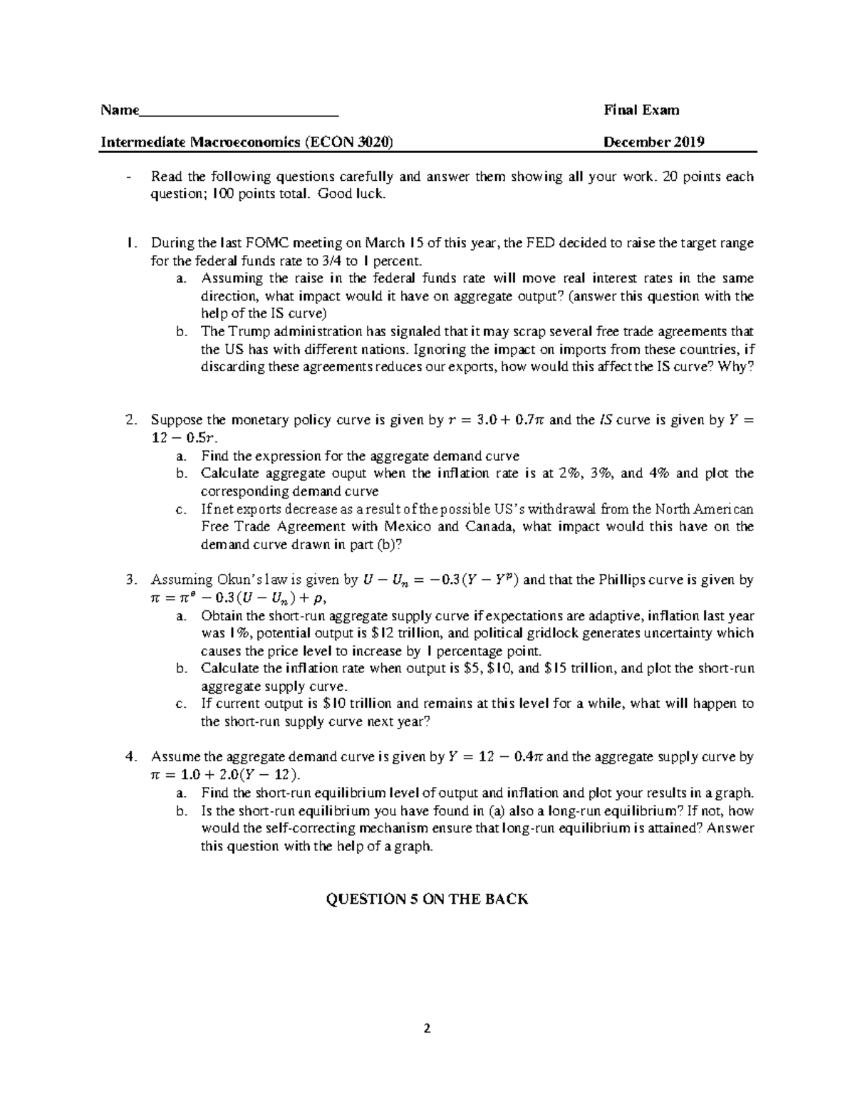 Final Exam Fall 2019 - old test - 2 Name ...