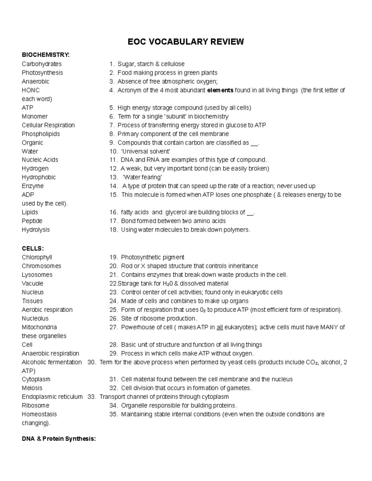EOC Vocabulary Review Part 1 - EOC VOCABULARY REVIEW BIOCHEMISTRY ...