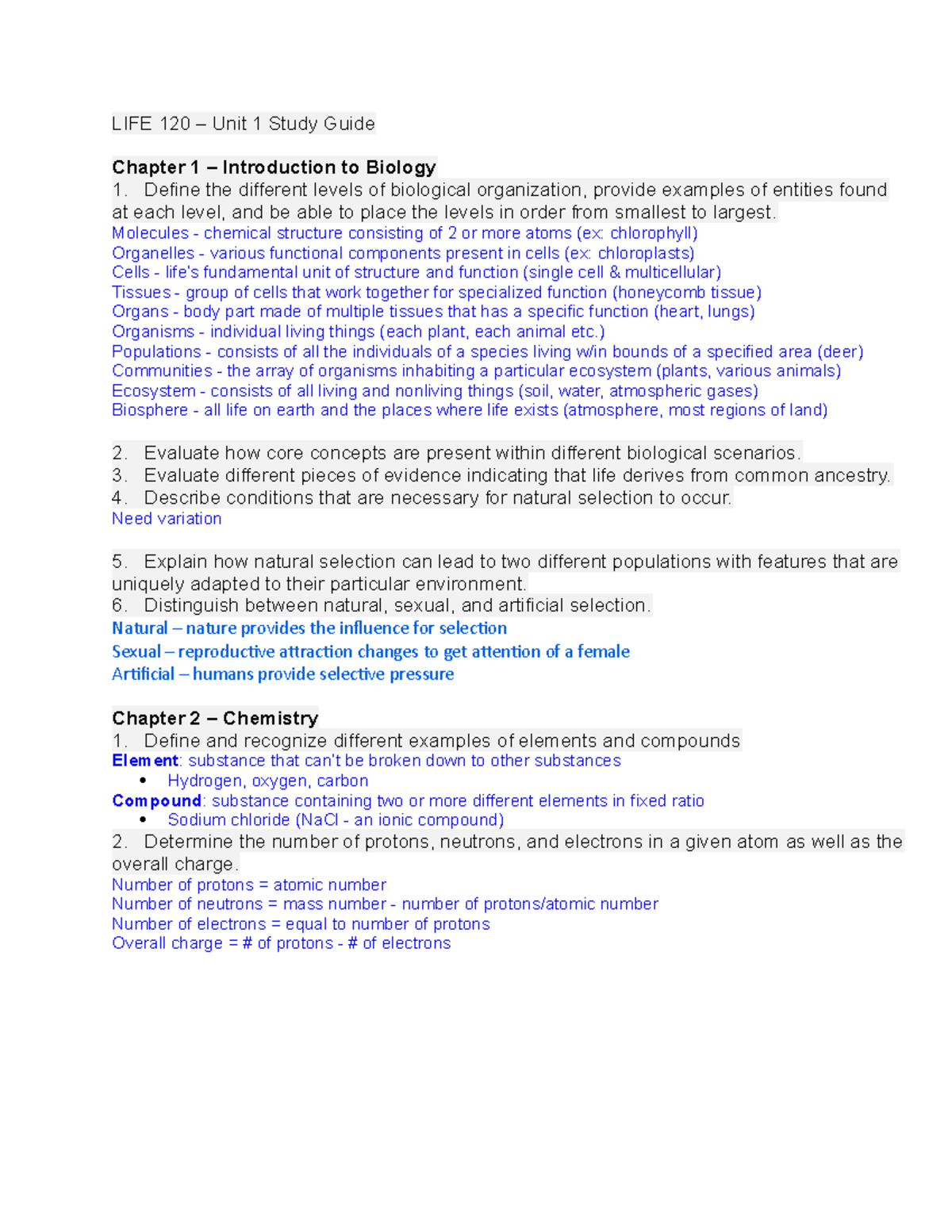 LIFE 120 test 1 study guide - LIFE 120 – Unit 1 Study Guide Chapter 1 ...