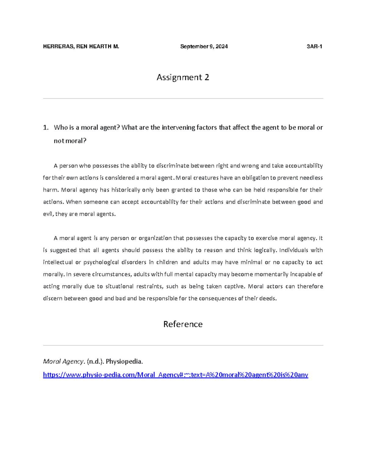 Ethics Assignment 2 Herreras - HERRERAS, REN HEARTH M. September 9, 2024 3AR- 1 Assignment 2 1 ...