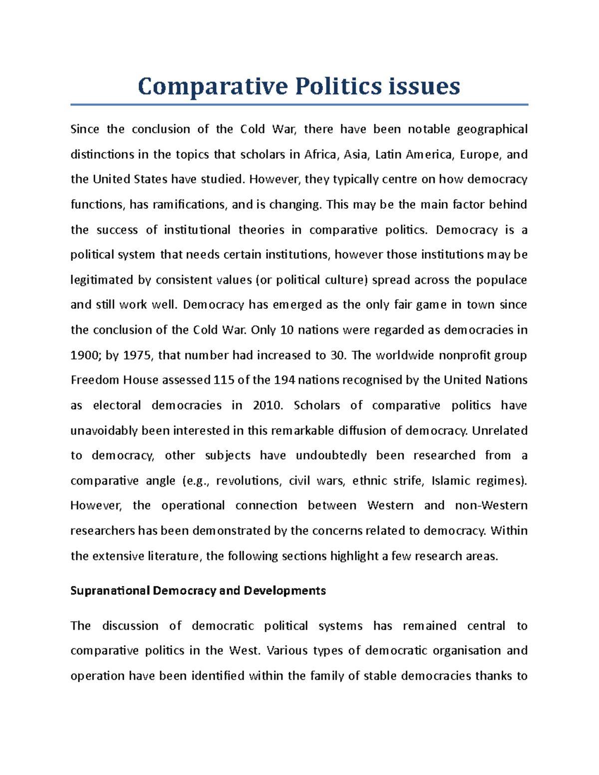 Comparative Politics issues - Comparative Politics issues Since the ...