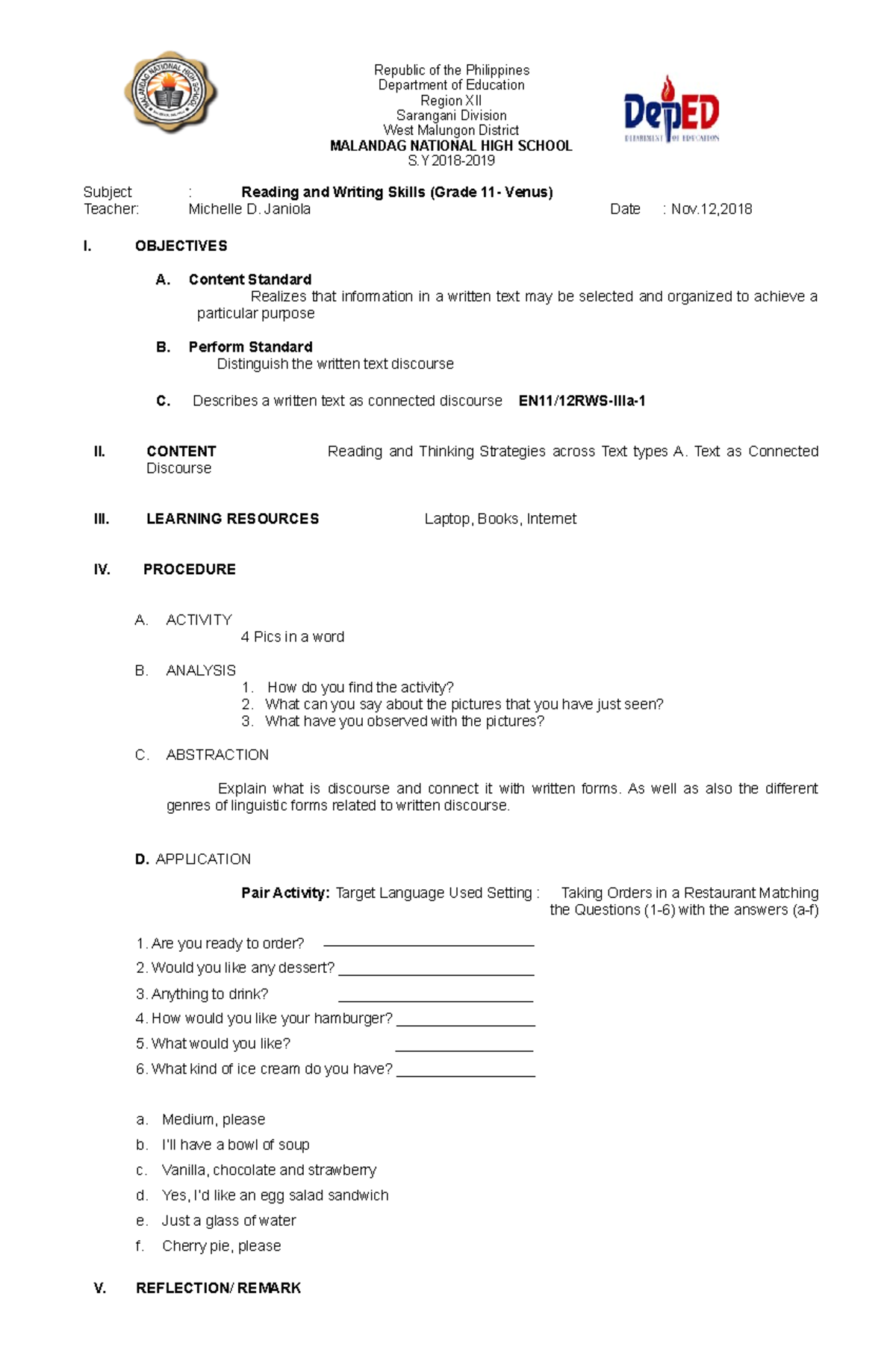 LESSON PLAN- READING AND WRITING DAY1 - Republic of the Philippines ...