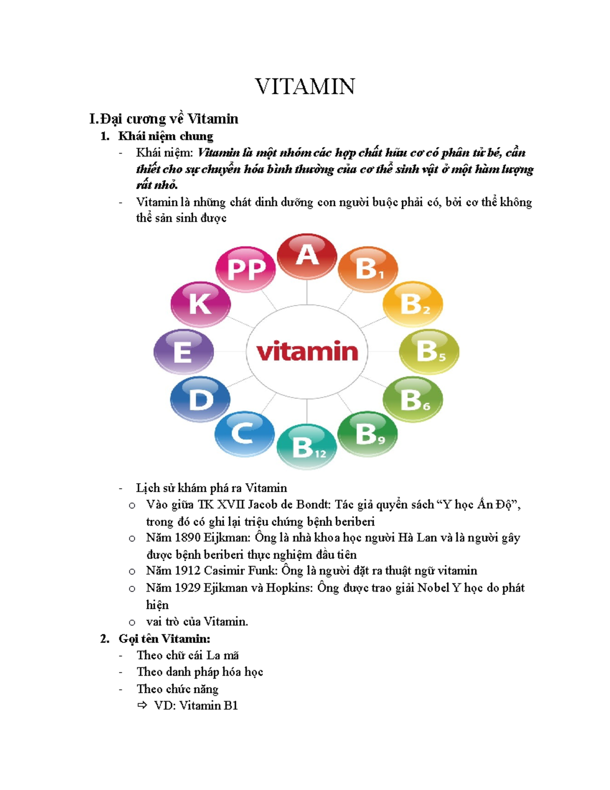 Vitamin TT - Hóa Sinh - VITAMIN I.Đại cương về Vitamin Khái niệm chung ...