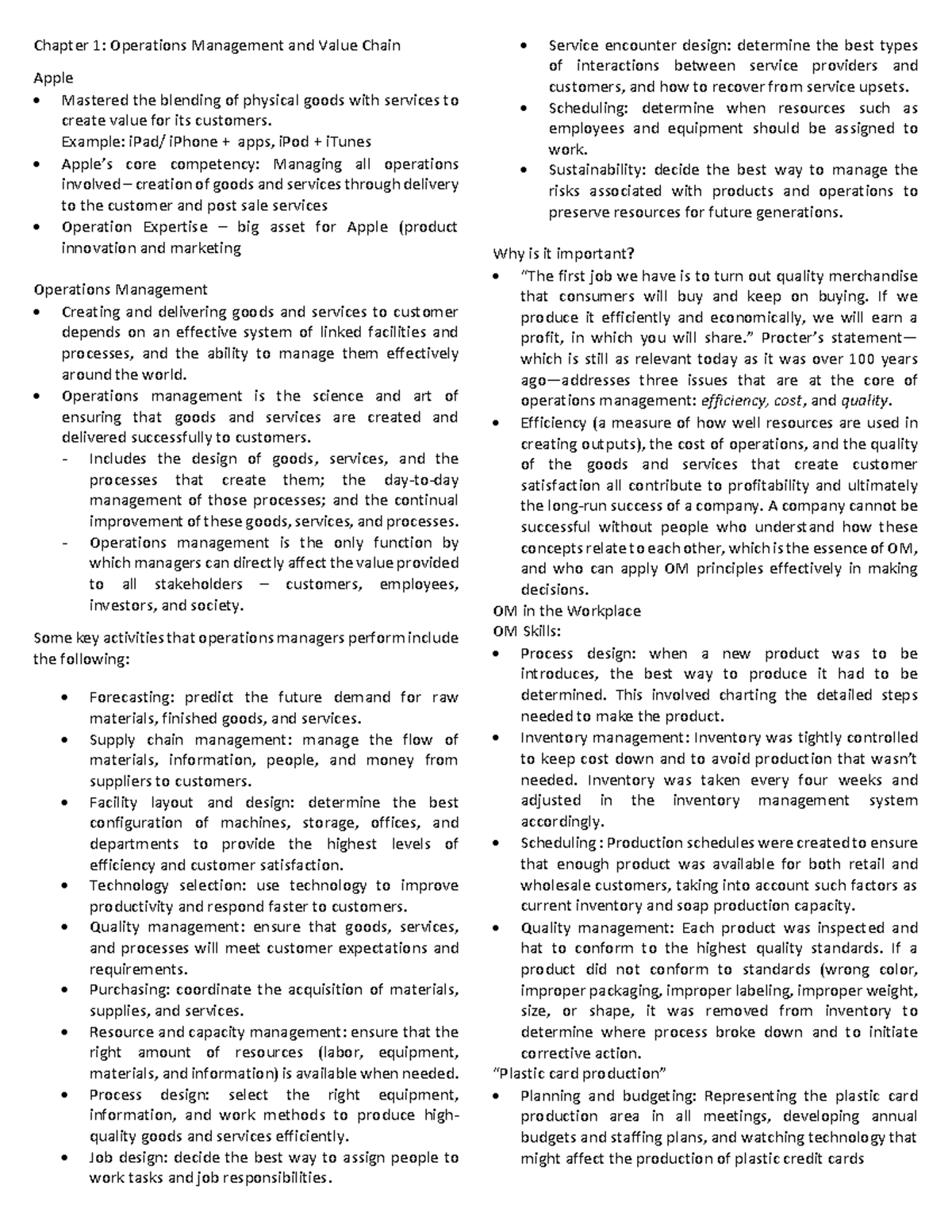Notes Management - Chapter 1: Operations Management and Value Chain ...