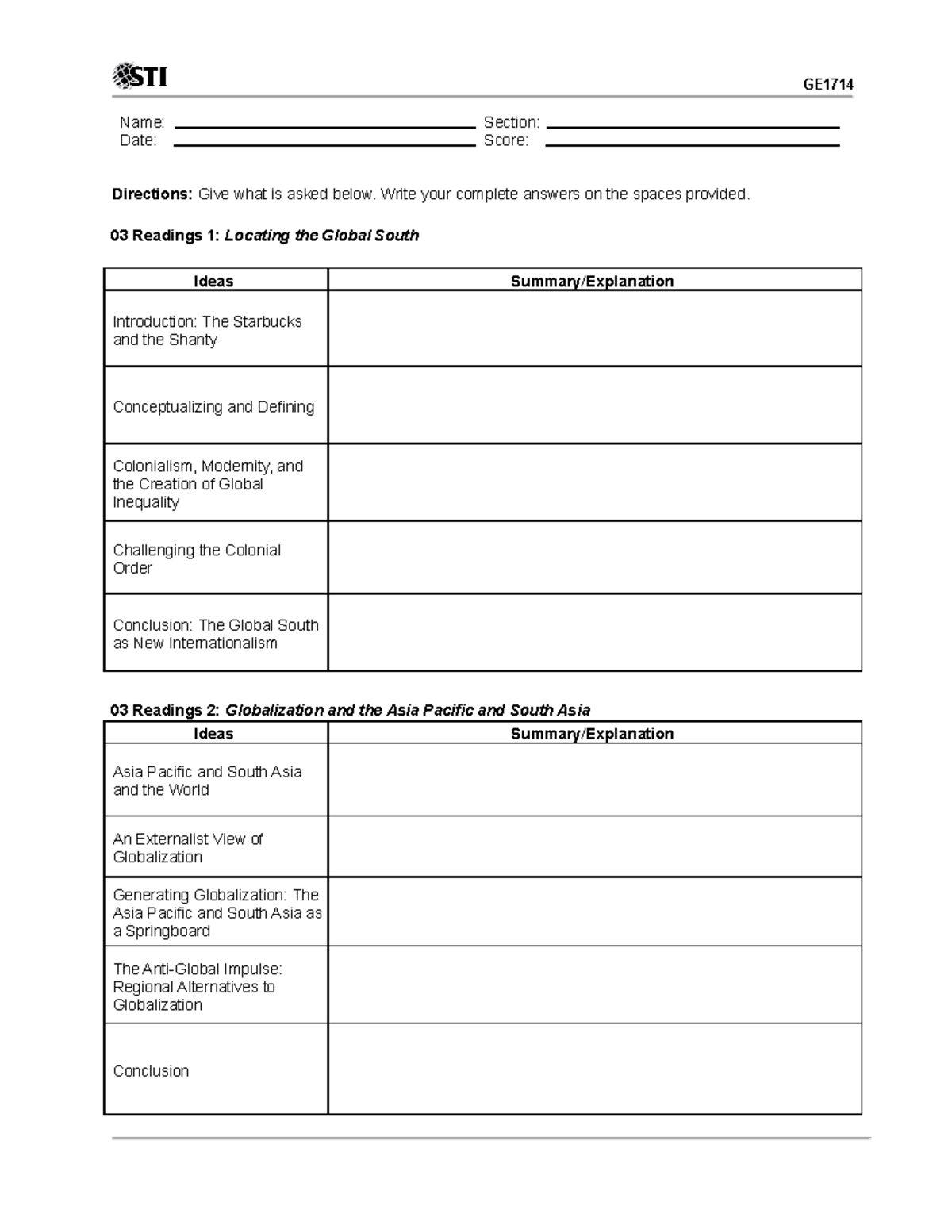 TCW work sheet -Locating the Global South practice - Directions: Give ...