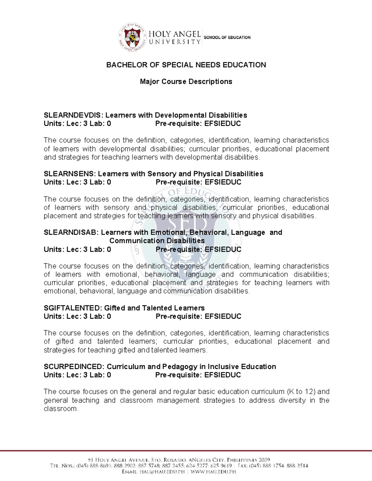 Bsned coursedescriptions - BACHELOR OF SPECIAL NEEDS EDUCATION Major ...