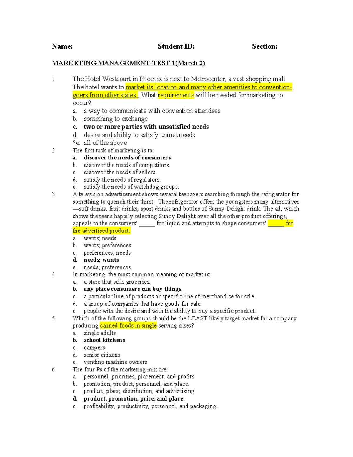 Test 1 Section 1 - Practice - Name: Student ID: Section: MARKETING ...