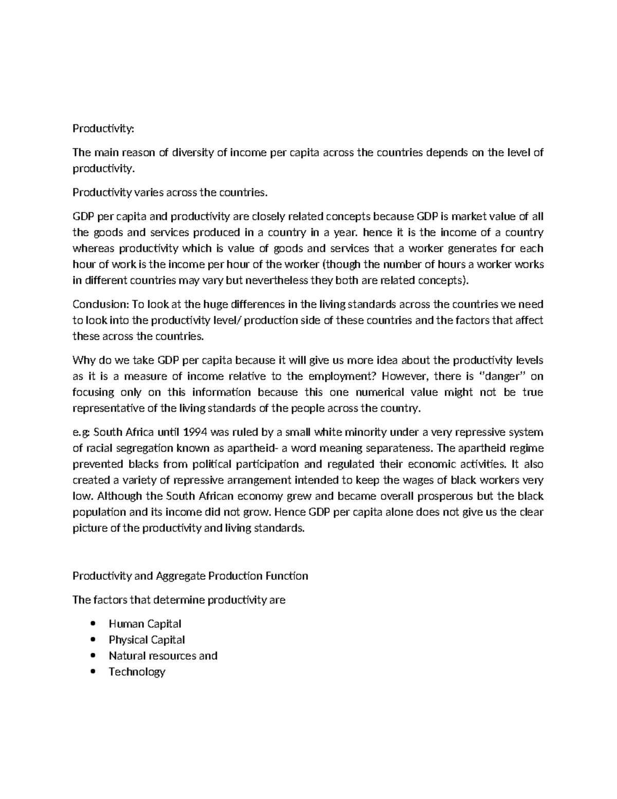 Productivity - Notes - Productivity: The main reason of diversity of ...