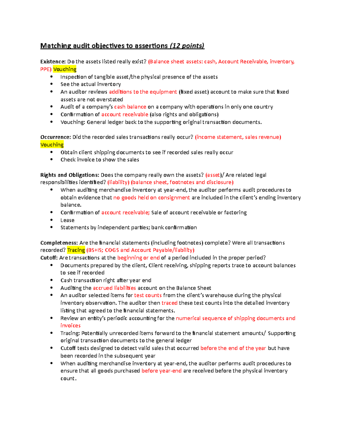 Audit exam 1 Free Response Guide - Matching audit objectives to ...