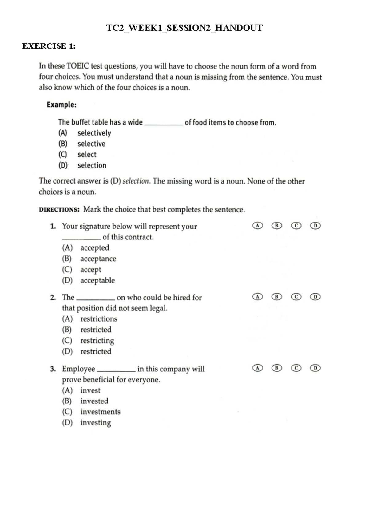 TC2 Handout HW - ................. - TC2_WEEK1_SESSION2_HANDOUT EXERCISE 1: TC2_WEEK 2_SESSION ...