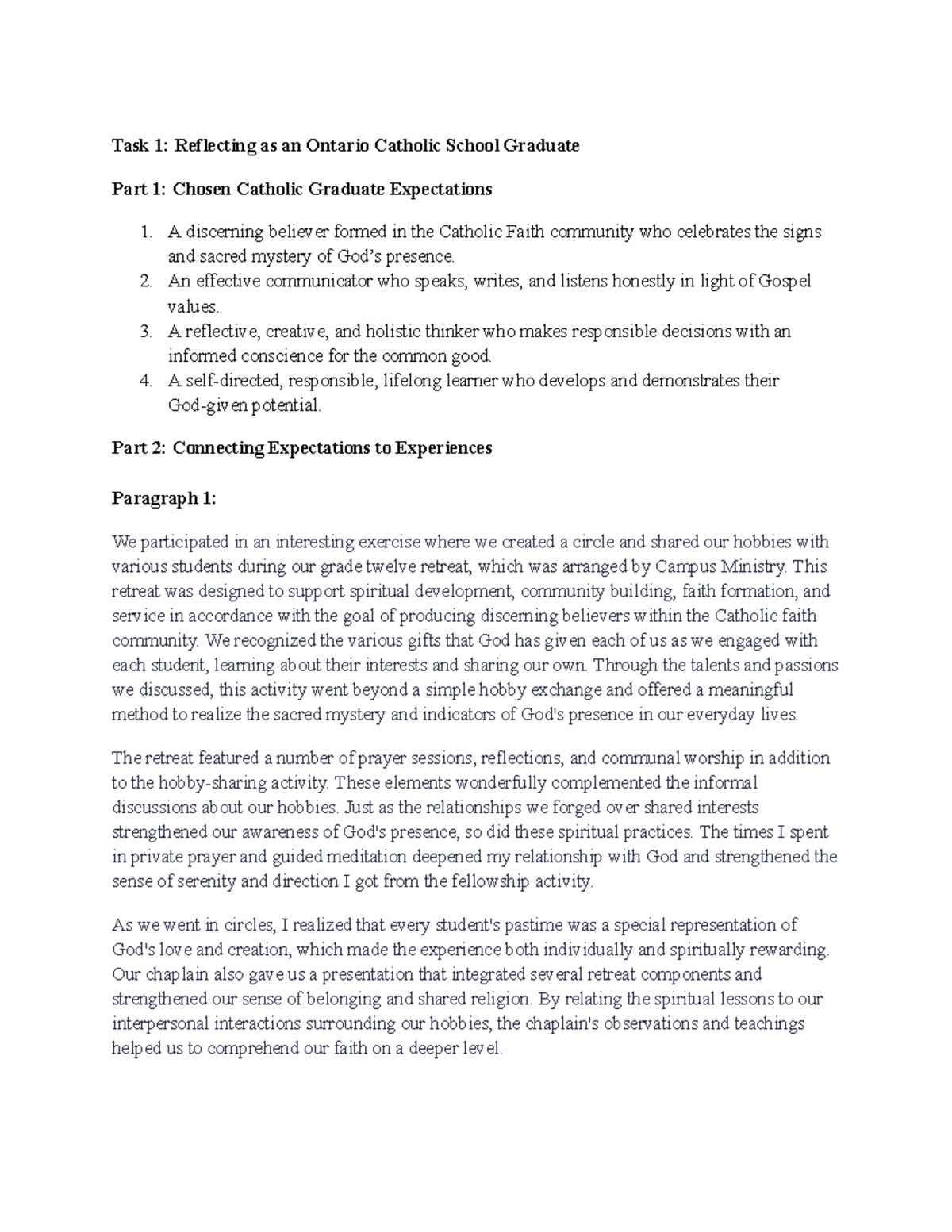 CPT Reflection - Mikeperera - Task 1: Reflecting as an Ontario Catholic ...
