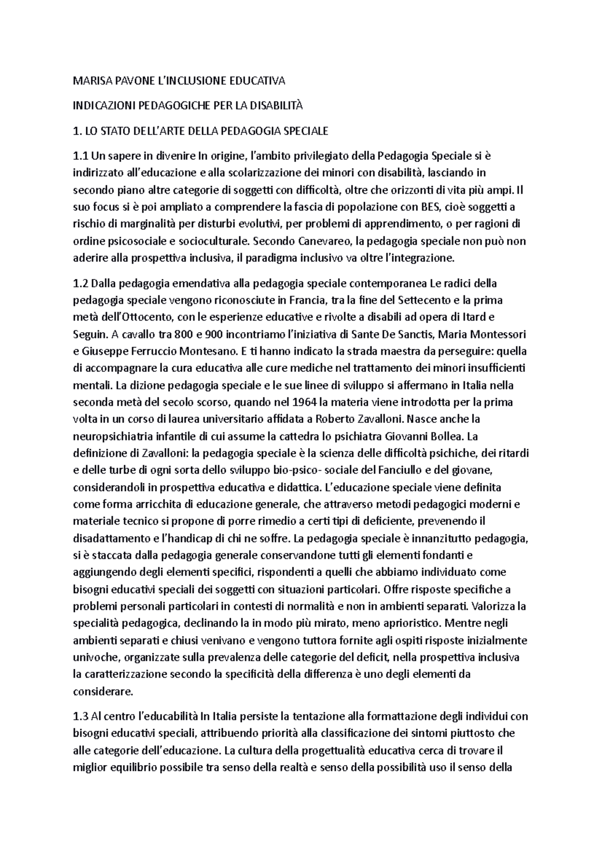 Marisa Pavone - L' Inclusione Educativa, Sintesi di Didattica ...