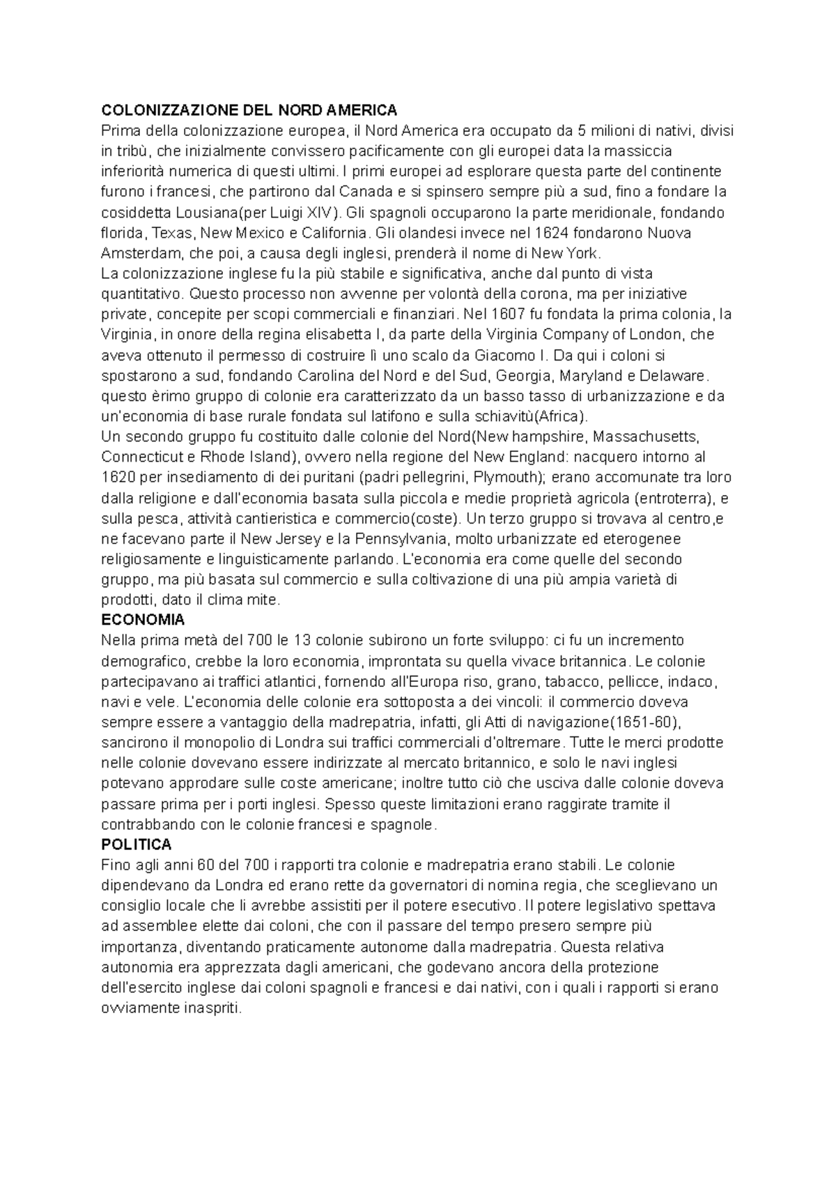 Colonizzazione America-riassunti storia - COLONIZZAZIONE DEL NORD ...