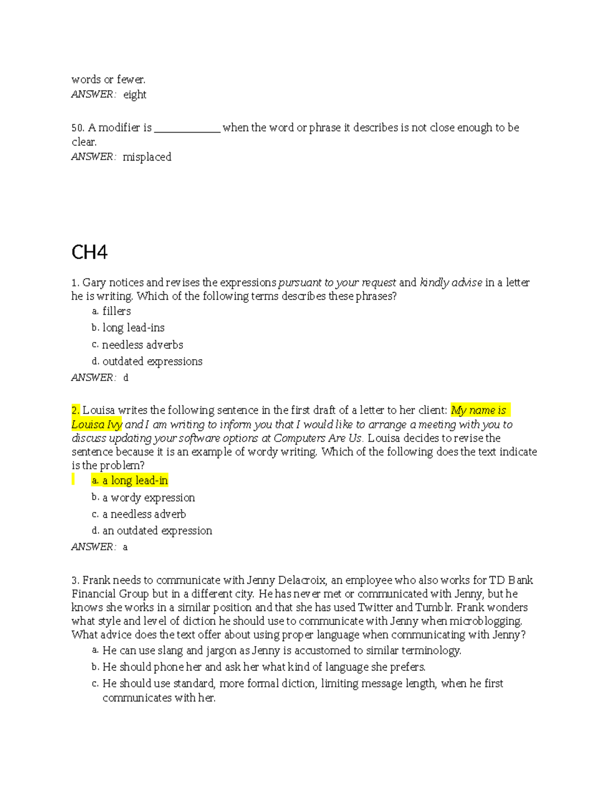 English Lecture note 2 - words or fewer. ANSWER: eight 50. A modifier ...