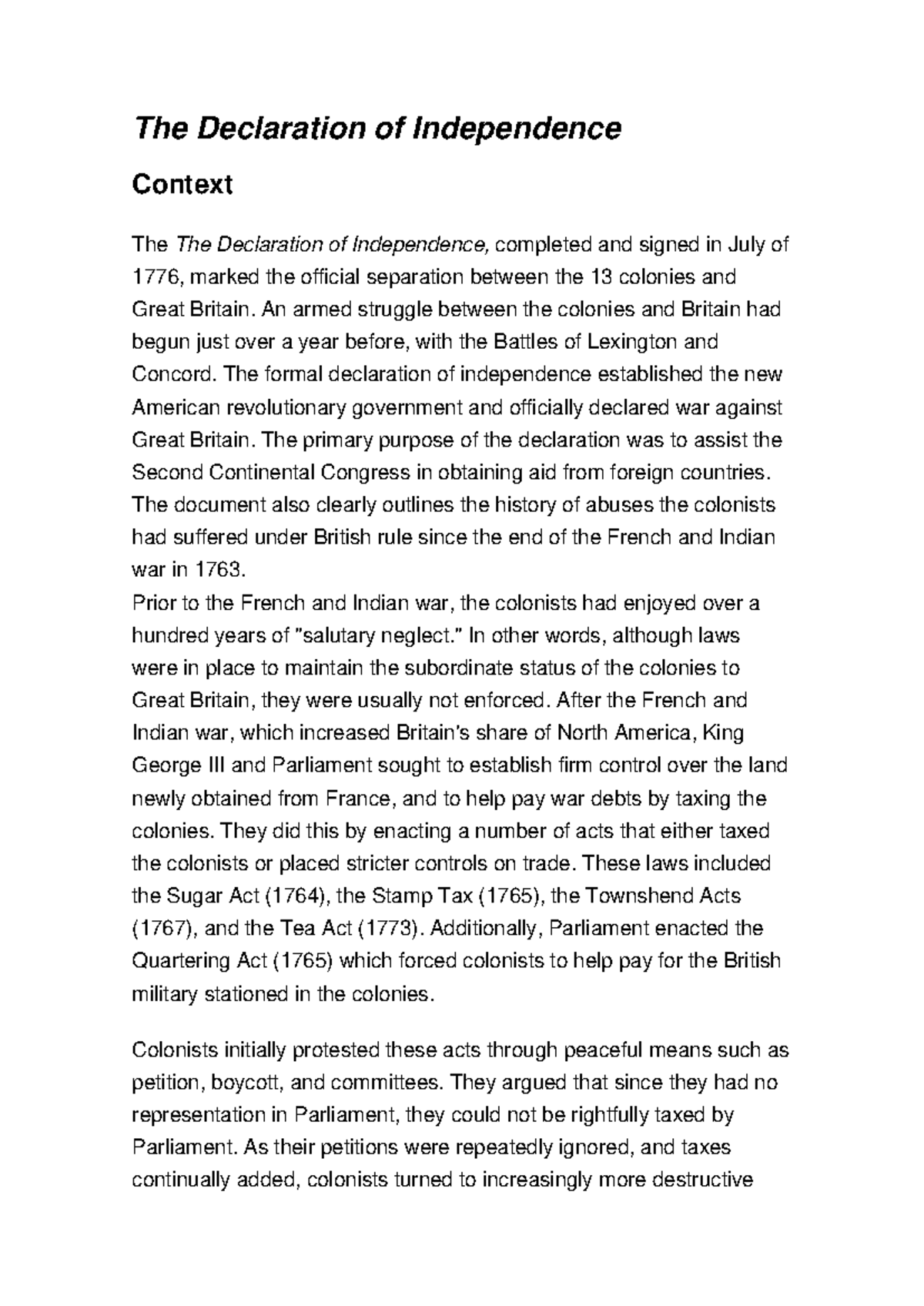 The Declaration of Independence - Context - The Declaration of Independence Context The The ...