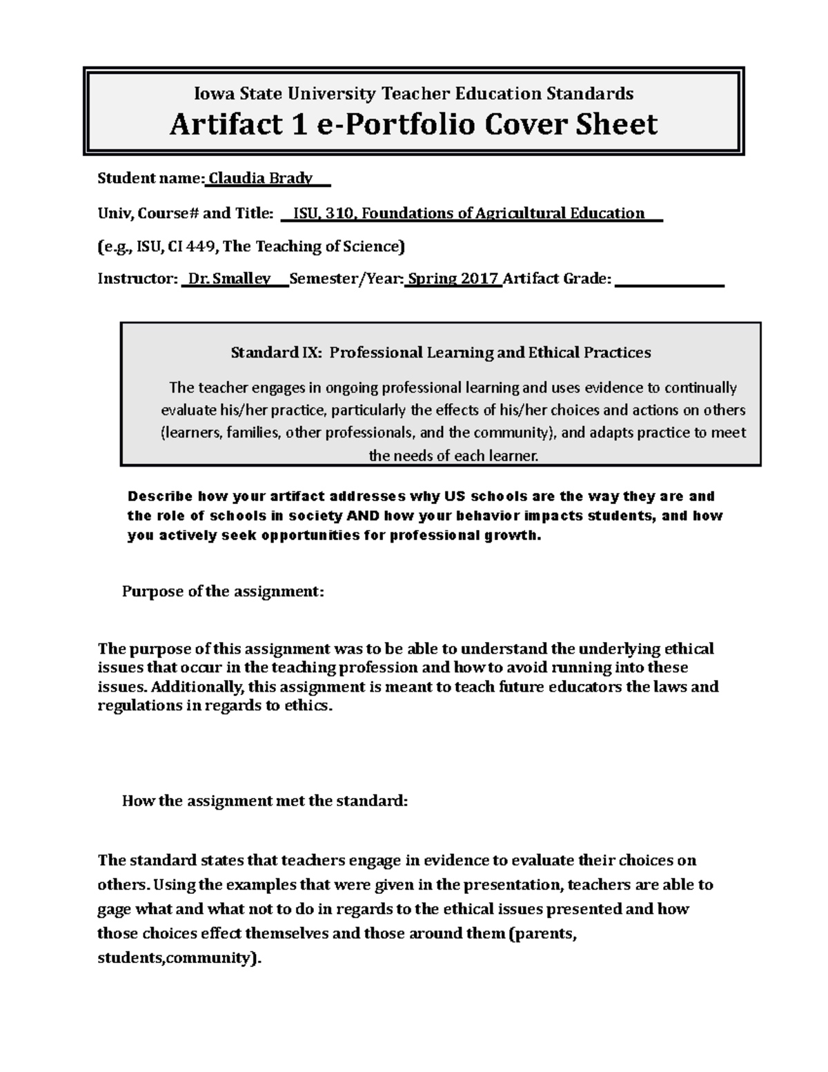 Standard 9 – Professional Learning and Ethical Practices - Coversheet ...
