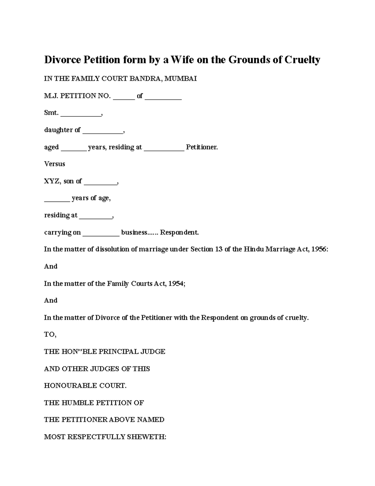 Divorce petition from india on the grounds of cruelty - Divorce ...