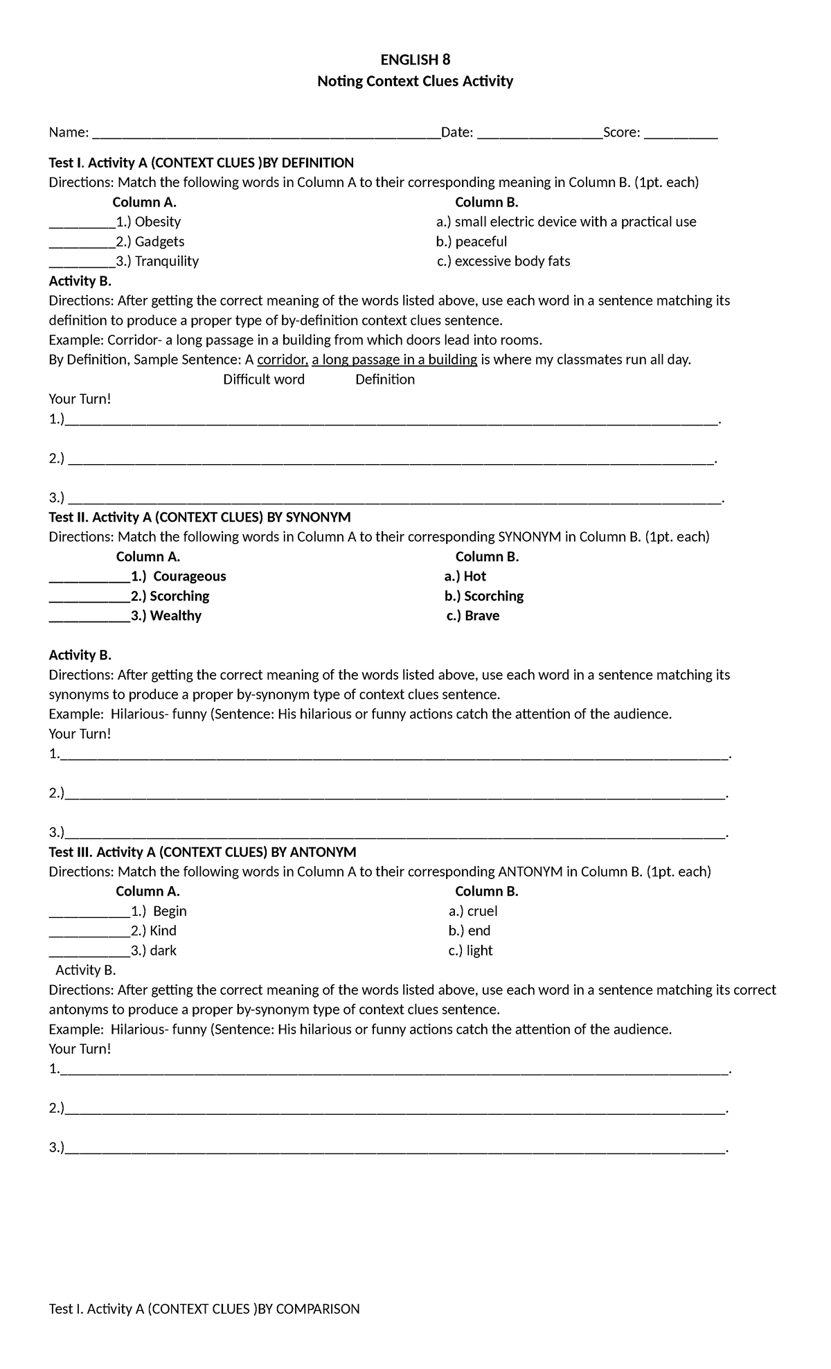 Notingcontextclues sentenceconstruction - ENGLISH 8 Noting Context ...