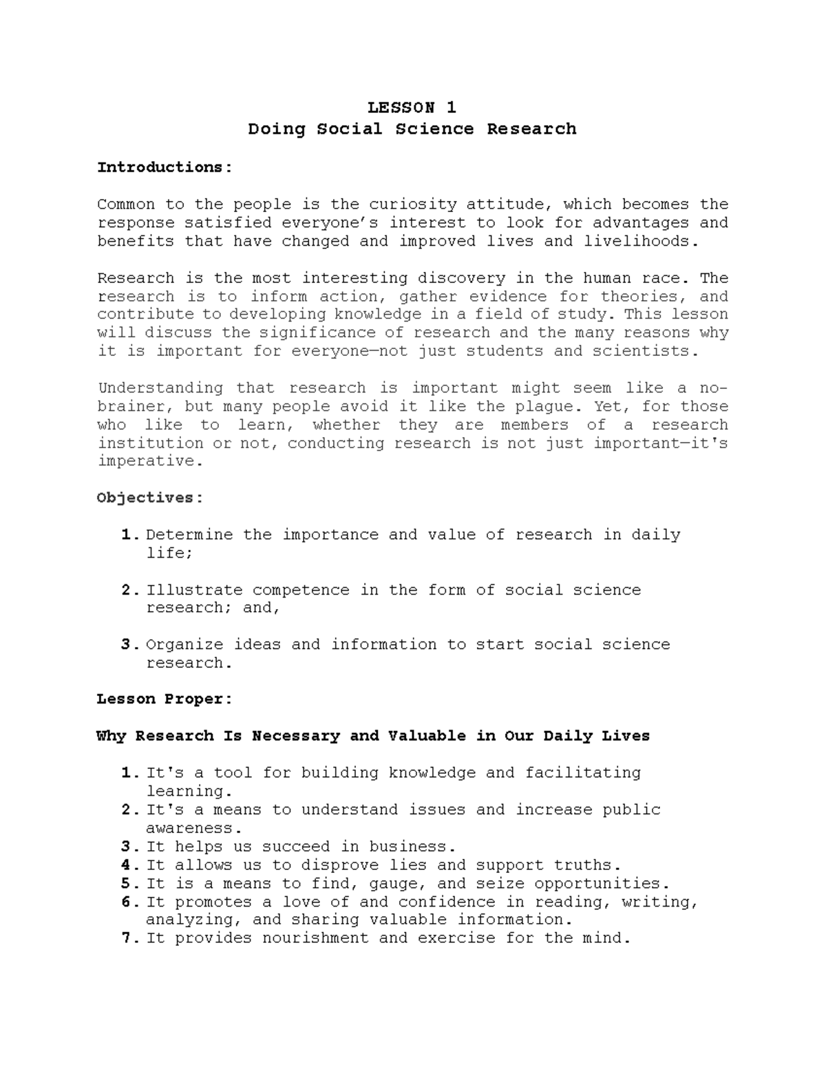 Lesson 1 - none - LESSON 1 Doing Social Science Research Introductions ...