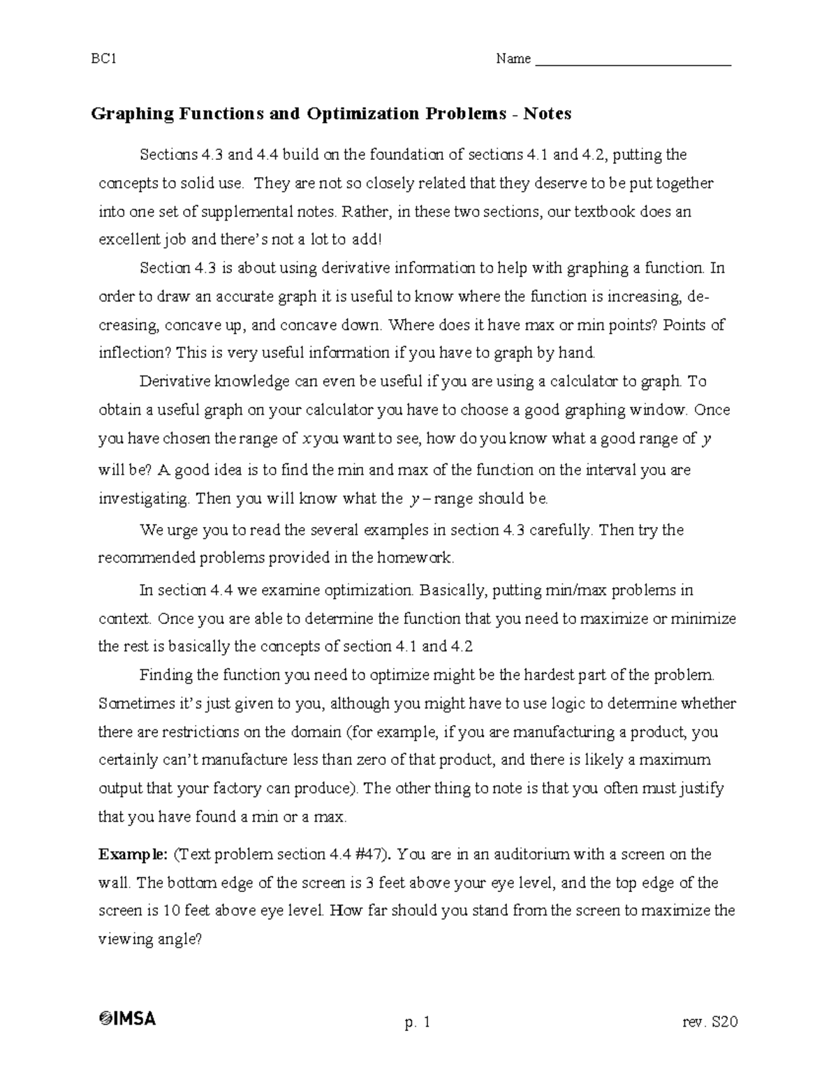 Optimization notes - Graphing Functions and Optimization Problems ...