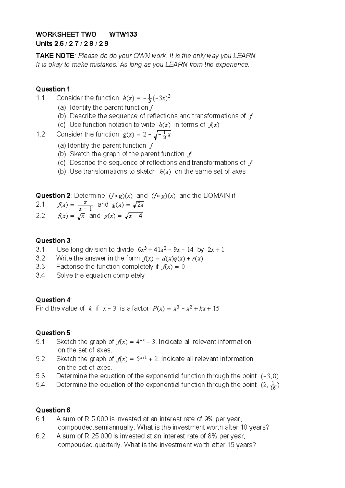 Worksheet 2 - WORKSHEET TWO WTW Units 2. 6 / 2. 7 / 2. 8 / 2. 9 TAKE ...